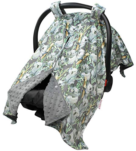 Baby Car Seat Canopy Cover - Bamboo Koala Bears with Grey Minky Dot