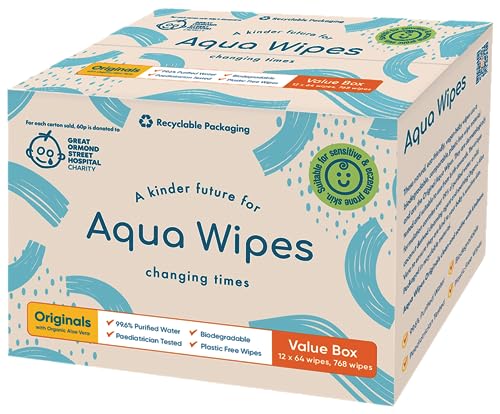 Aqua Wipes Originals Baby Wipes - Vegan, Sensitive, Biodegradable Wipes with 99.6% Water. Suitable for Newborns (Printed Carton of 12 Packs of 64 Wipes, 768 Wipes)