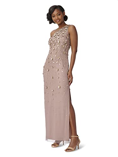 Adrianna Papell Women's One Shoulder Beaded Gown, Stone, 4
