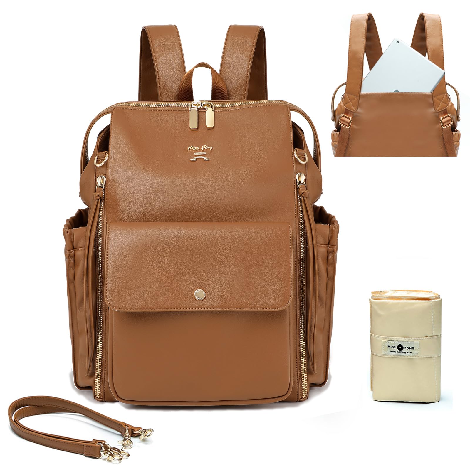 miss fong Diaper Bag Backpack Baby Diaper Bag,Leather Diaper Bag Backpack Diaper Bag Purse with 13 Pockets Diaper Bag Organizer, Changing Pad, Stroller Straps,4 Insulated Pockets