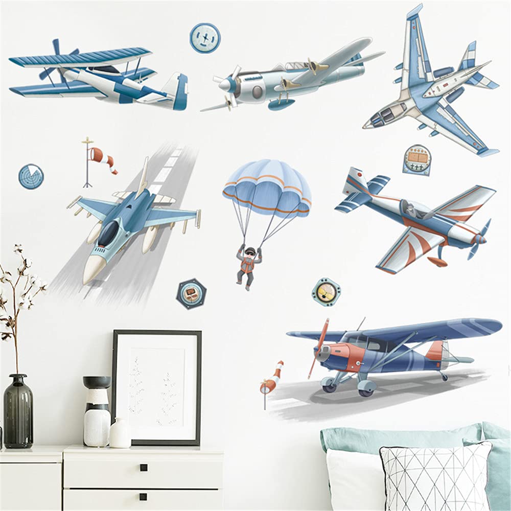 Wajade Airplane Wall Stickers for Boys,Watercolor Airplanes Parachute Astronaut Wall Art Decals Peel and Stick Wall Stickers for Kids Bedroom Nursery Playroom Decor