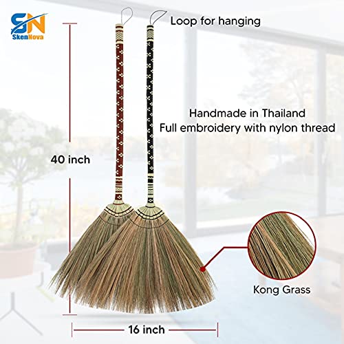 SN SKENNOVA - Asian Straw Broom Witch Broom Undecorated Wedding Jumping Broom with Bamboo Stick Handheld Size Handle - Hardwood Floor, Tile Floor Sweeper Housewarming (Black)
