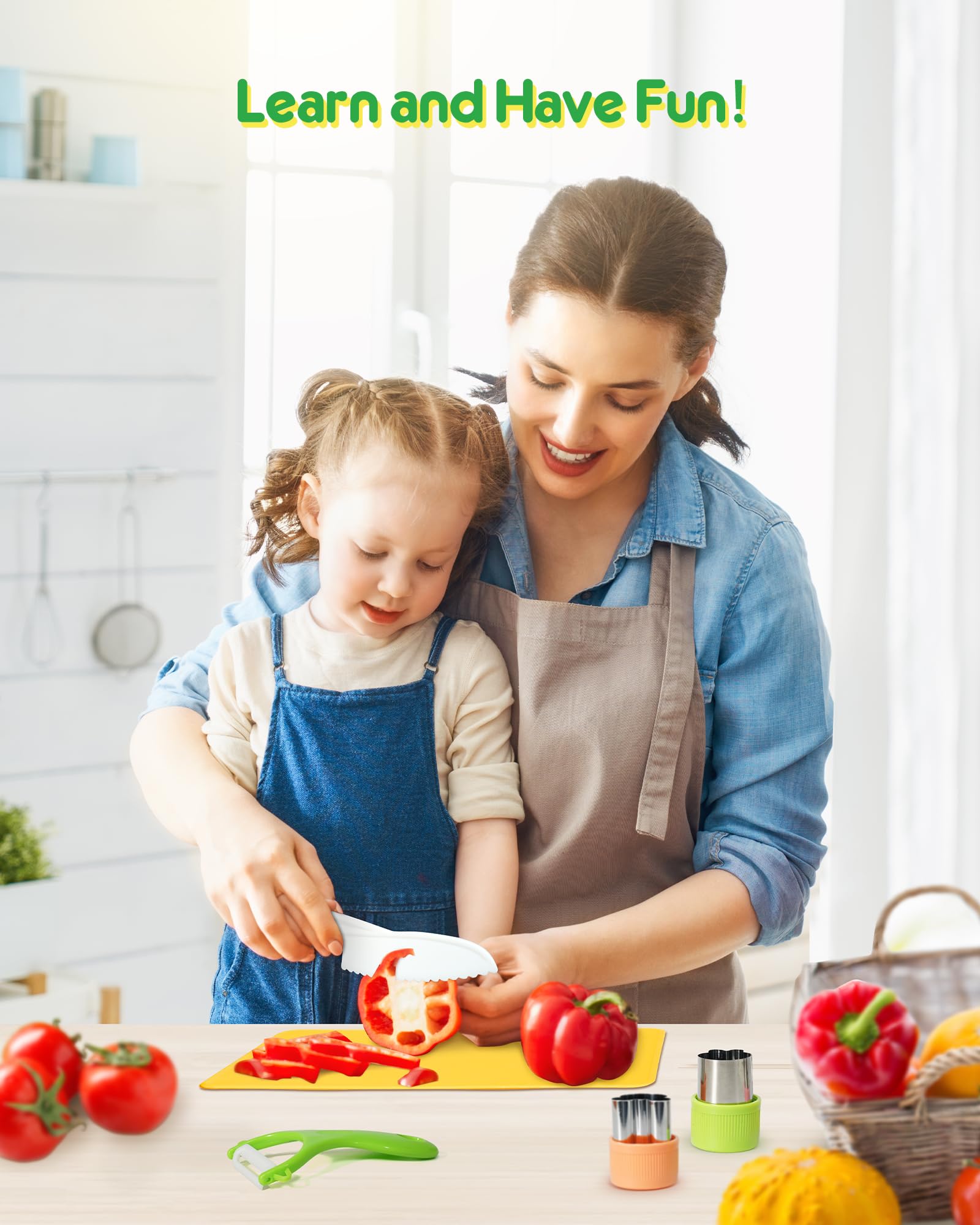26 Pcs Kids Knife Set, Montessori Kitchen Tools for Toddlers' Real Cooking, Toddler Knife Set Includes Crinkle Cutters Kid Safe Knives Cutting Board Peeler, Kitchen Tools for 4+ Year Old Girl Boy