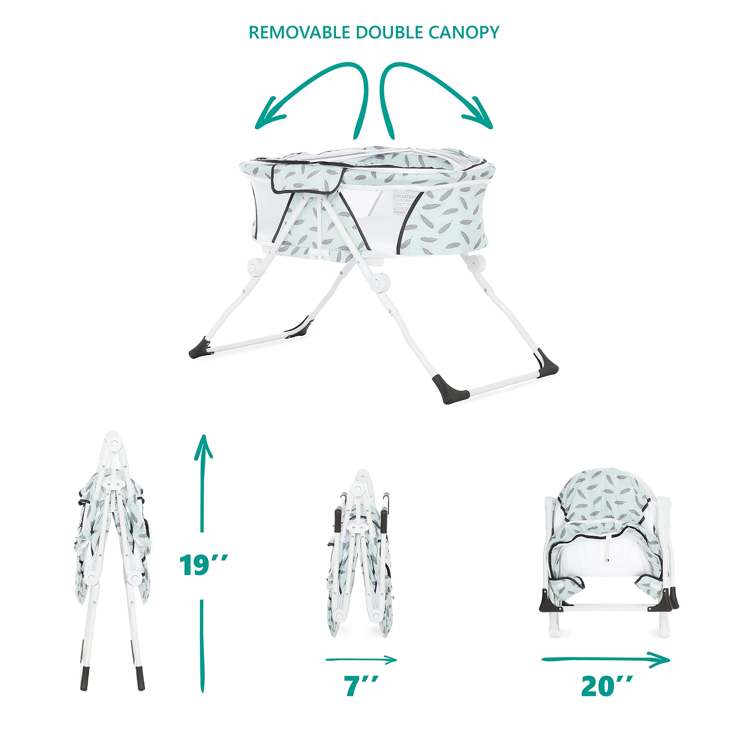 Dream On Me Karley Plus Baby Bassinet, Lightweight Compact Portable Bassinet, Easy and Quick Fold with Removable Double Canopy, Breathable Mesh Design, Ice Blue