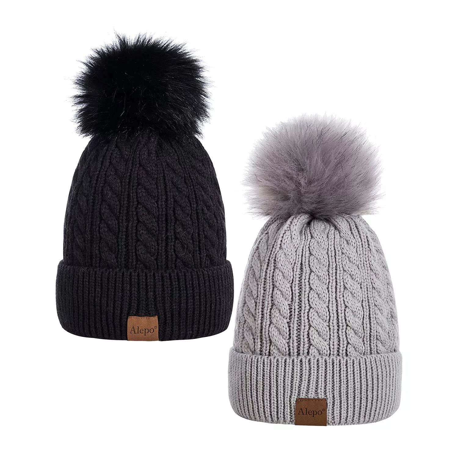 Alepo Womens Winter Beanie Hat, Warm Fleece Lined Knitted Soft Ski Cuff Cap with Pom Pom(Black+Soft Gray)