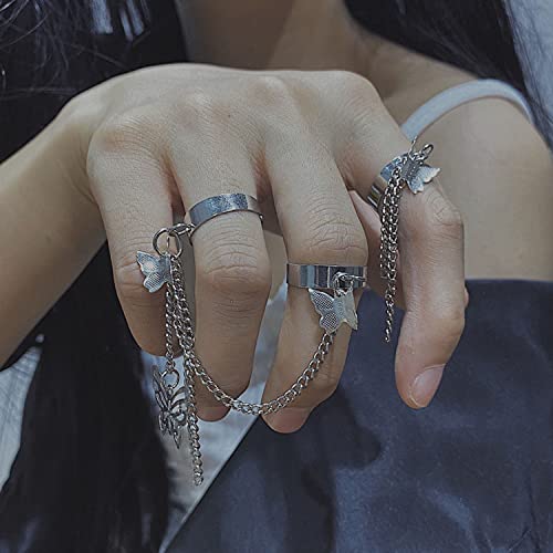 17Pcs Adjustable Punk Chain Rings Set, Vintage Knuckle Gothic Rings Set Alloy Biker Obsidian Chain Open Rings, Stackable Hollow Carved Finger Rings Midi Rings Joint Jewelry for Women (Silver)