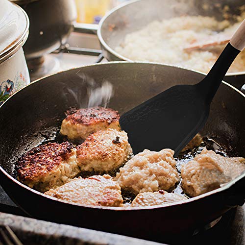 KUFUNG Silicone Spatula Turner, Wooden Handle Flexible & Heat Resistant Rubber Spatulas, Non-stick & Non-scratch Spatula, for Flipping Eggs, Burgers, Pancake, Omelet, Crepes and more(Black)