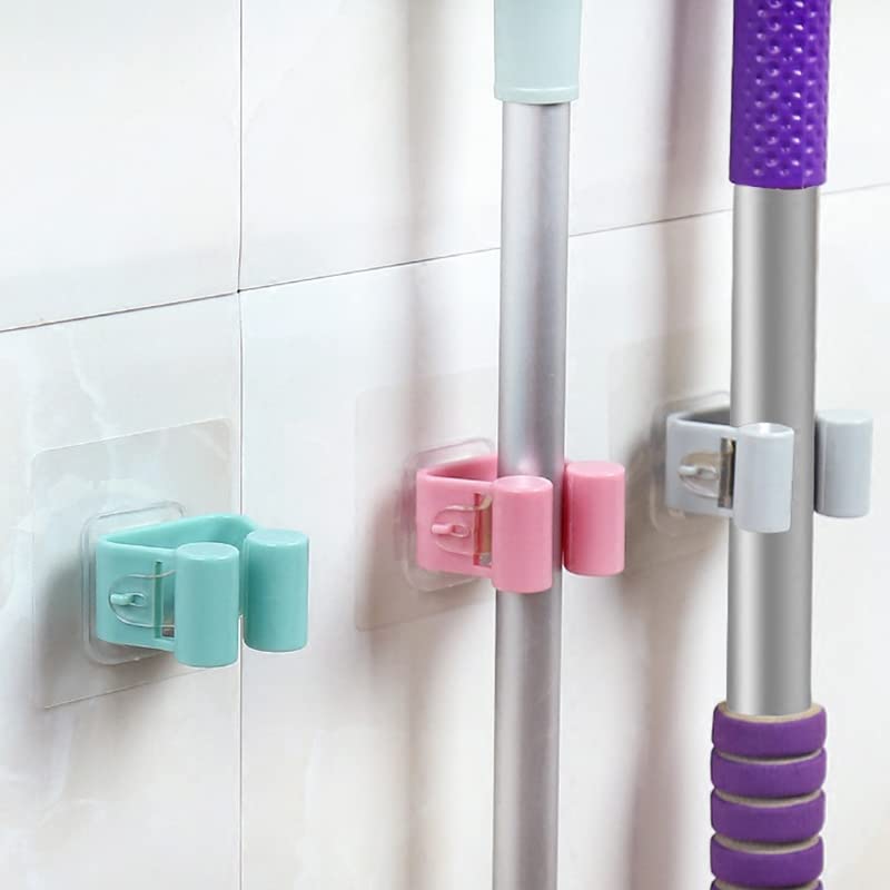 1PC Wall Mounted Mop Rack Hook Broom Gripper Holds Self Adhesive No Drilling Bathroom Kitchen Organizer Storage Holders Racks (Pink)