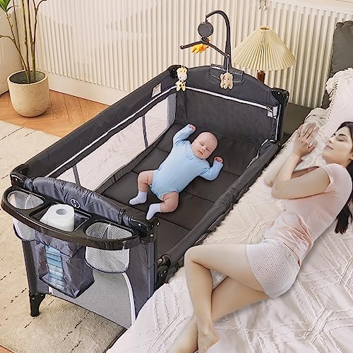 5-in-1 Baby Bedside Sleeper with Bassinet, Multifunction Bedside Baby Crib from Newborn to Toddlers, U-Shaped Diaper Changer, Safety Strap, Music Box & Hanging Toys, Baby Playard Deluxe Nursery Center