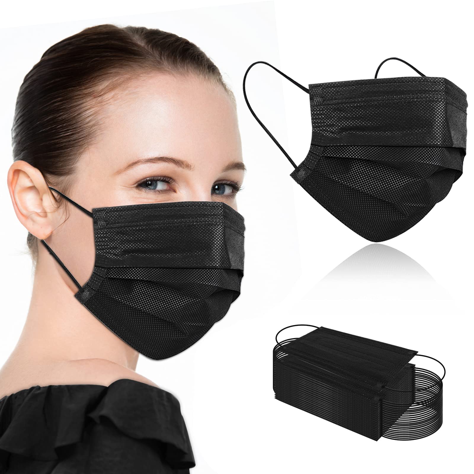 100PCS Black Disposable Face Mask Black Face Masks 3 Ply Protection Black Masks for Adults