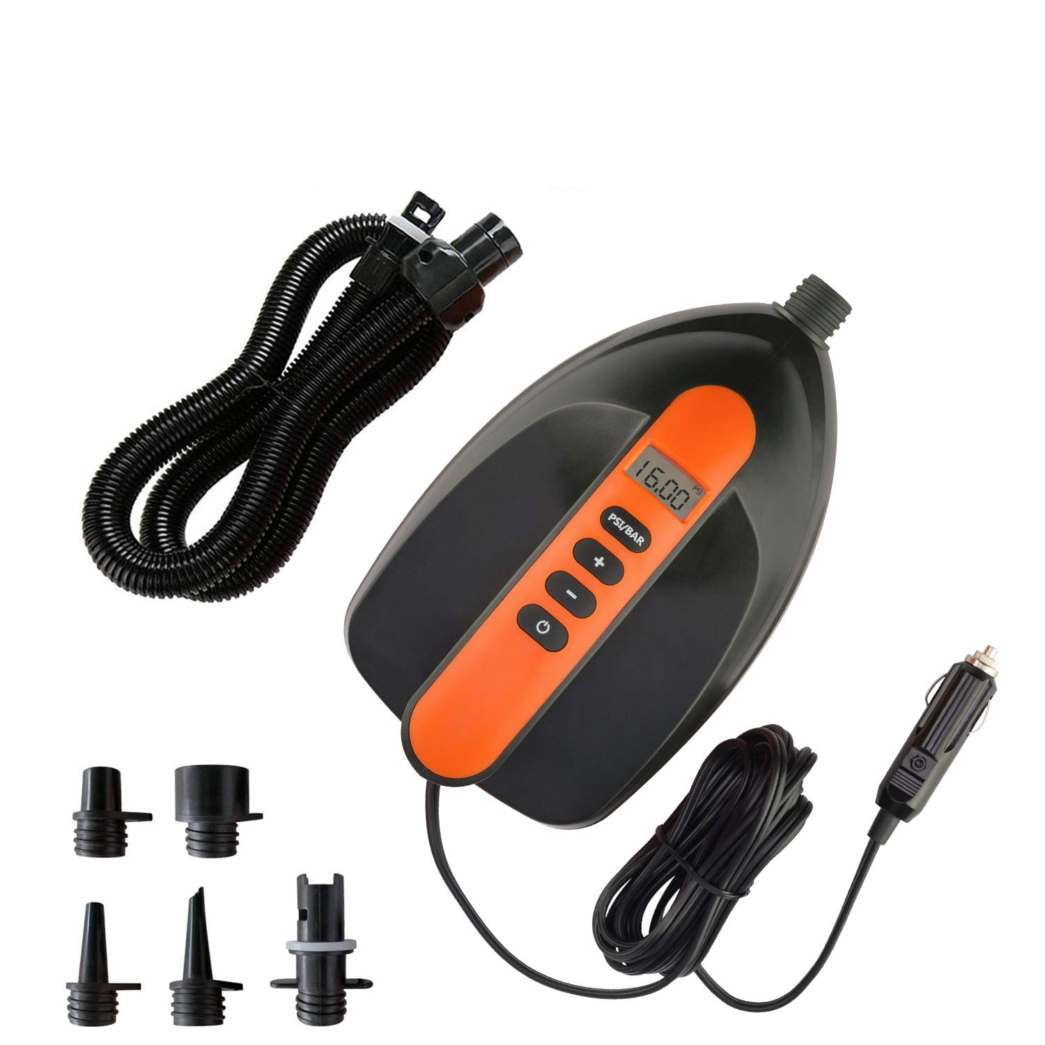 16PSI Max SUP Air Pump Electric - 12V DC Car Connector, Smart Dual Stage Inflation & Auto-Off, Digital Adjustable LCD Function, SUP Pump for Inflatable Stand Up Paddle Boards, Boats, Kayak