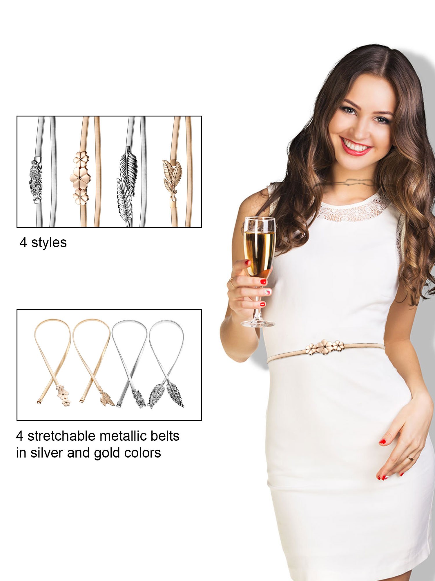 4 Pieces Women Elastic Waist Belt Stretch Metal Dress Belt for Women, Silver and Gold