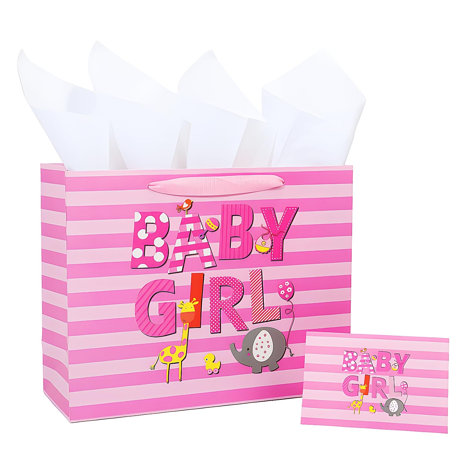 13" Large Baby Girl Gift Bag with Tissue Paper and Greeting Card for Kids, Baby Shower, Birthday Party(Cartoon animal design)