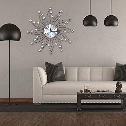 NCONCO Wall Clock, Sparkling Bling Metallic Silver Flower-Shaped Wall Clock for Living Room Office(Arc Flower)