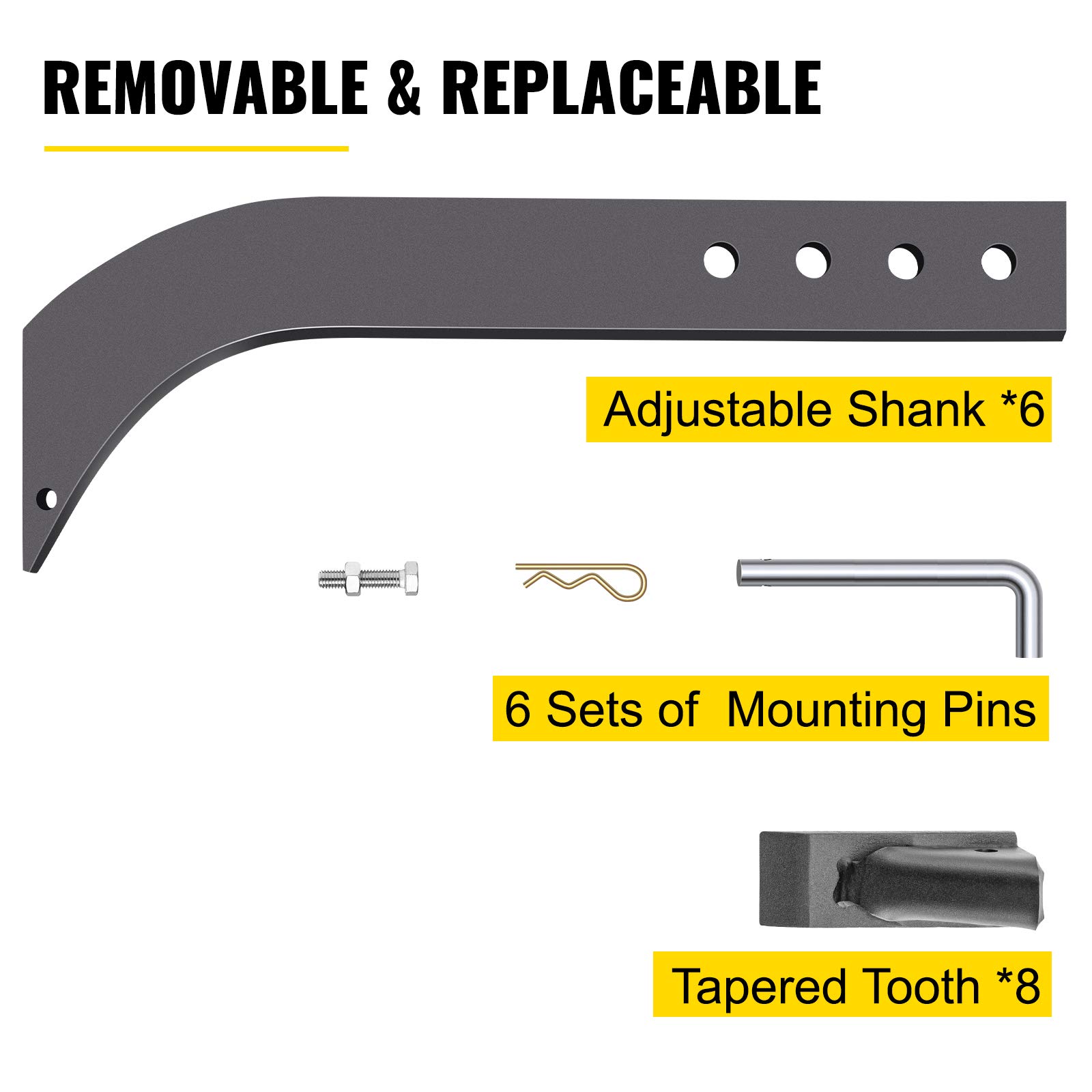 VEVOR Box Blade Shank, 18'' Scarifier Shank, 4 Holes Box Scraper Shank, Ripper Shank with Removable Tapered Teeth and Pins, Adjustable Shanks Assembly for Replacement, Digging, Plowing, 6PCS