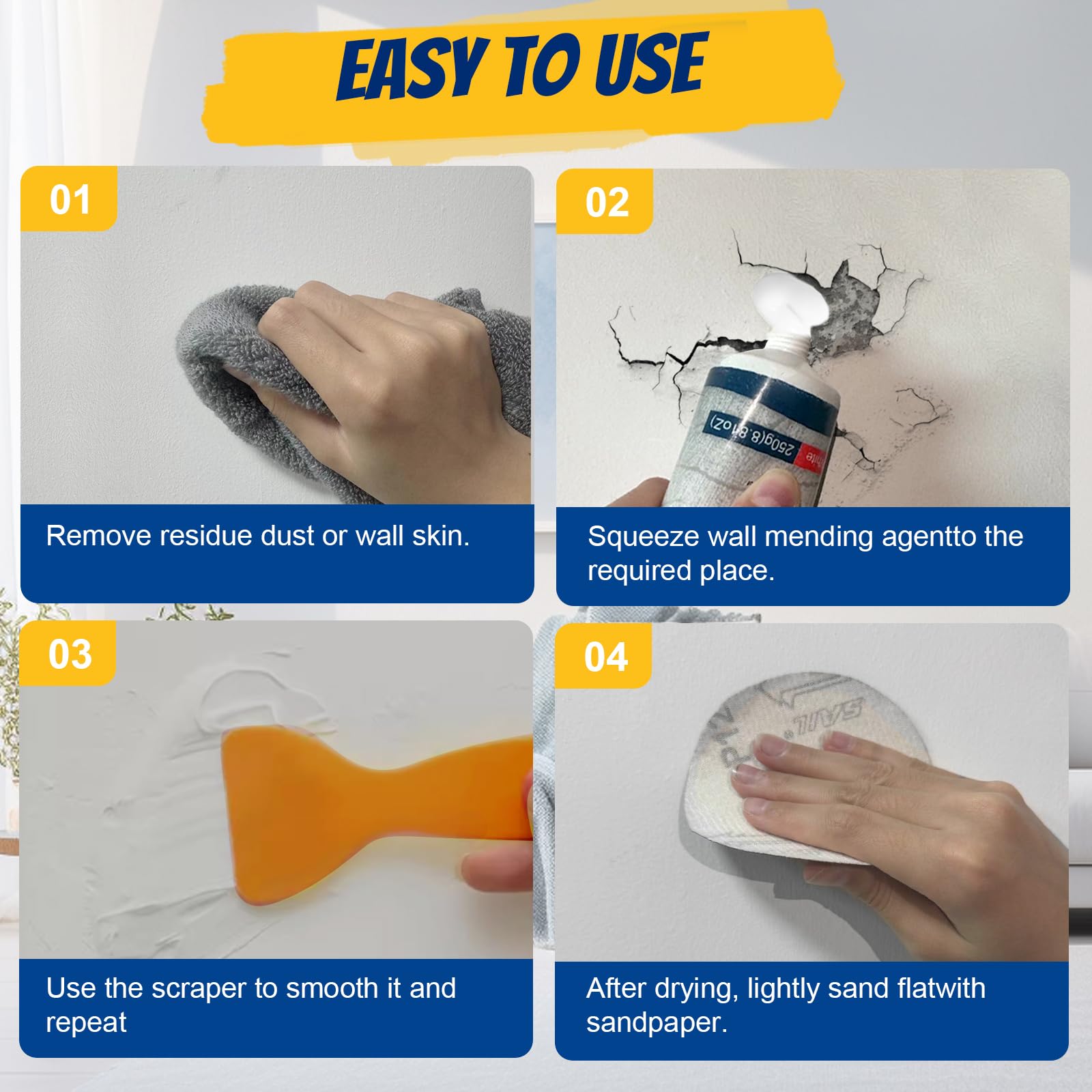 1pcs 250g Drywall Repair Kit, Wall Spackle Repair Paste with Scraper, Wall Mending Agent Quick and Easy Solution to Fill The Holes for Home Wall, Plaster Dent Repair and Wood Scratch Repair(White)