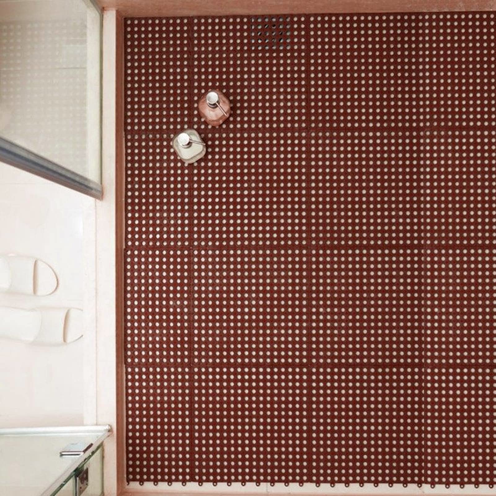 16Pack 11.8 x 11.8 Inch Interlocking Rubber Floor Tiles Non-Slip Shower Pool Deck Tiles for Flooring, Soft PVC Splicing Modular Cushion Mat Drainage Mats for Patio Garage Kitchen Bathroom (Brown)
