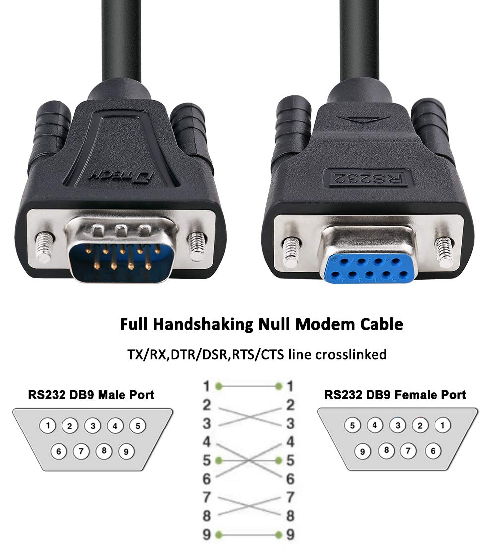 DTech DB9 RS232 Serial Cable Male to Female Null Modem Cord Full Handshaking 7 Wire Crossover for Data Communication (15 Feet, Black)