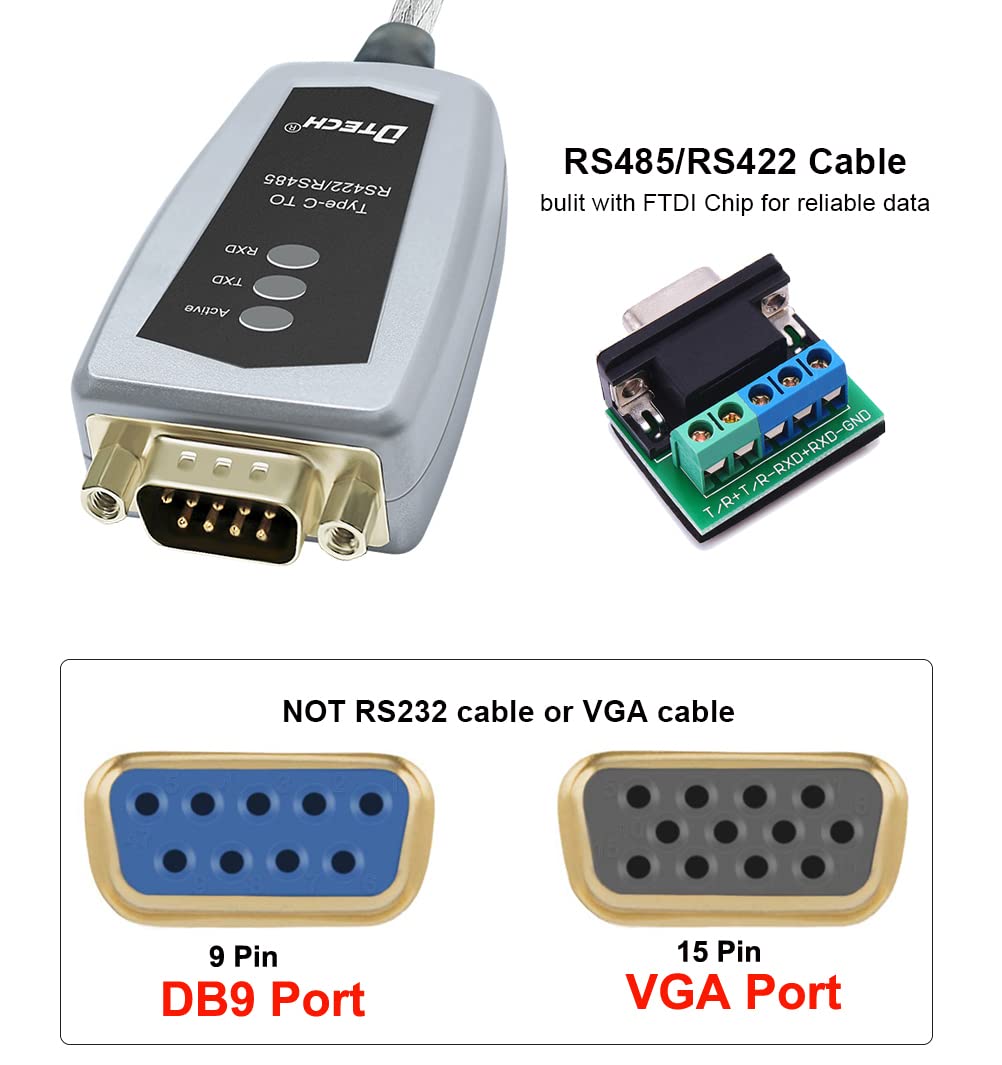 DTECH FTDI USB to RS485 Cable RS422 USB C to Serial Adapter with Breakout Board LED Indicators RS-485 RS-422 Cable Converter Supports Windows 11 10 8 7 XP Mac (3 Feet)