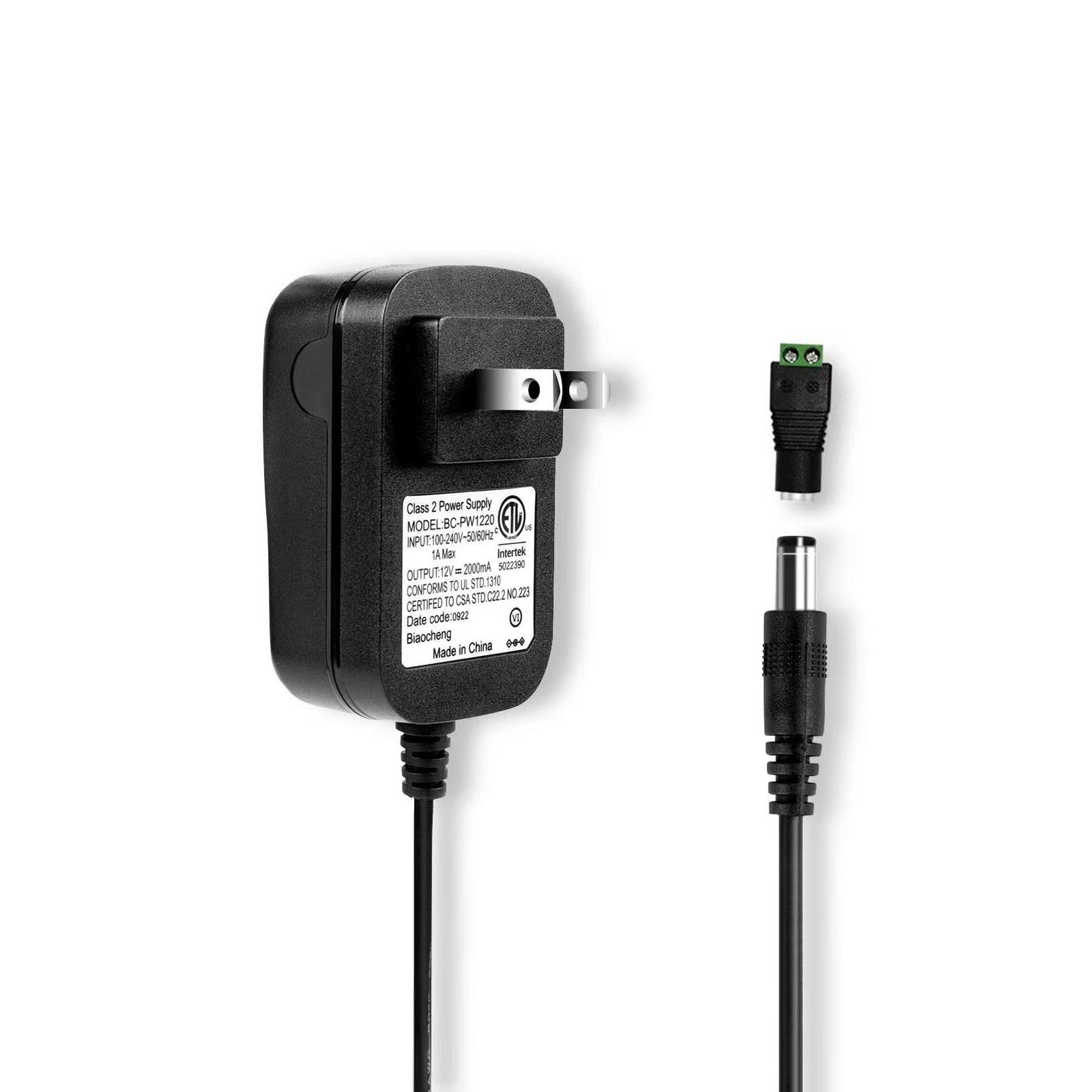 12V 2A 24W Power Supply Adapter ETL Listed AC to DC (Input 100-240V, Output 12 Volt 2amp), 10 Foot Cord 5.5x2.1mm DC Plug, Wall Wart Transformer for DC12V CCTV Camera LED Strip Light (24 Watt)