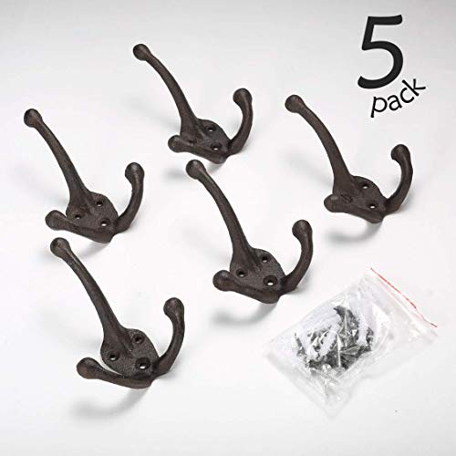 Ambipolar 5-Pack TriLeg Coat Hooks. Wall Mounted, Heavy Duty Decorative Black Wall Hooks for Mudroom, Hat Rack, Purse Hooks. Cast Iron Decorative Antique Black Hooks