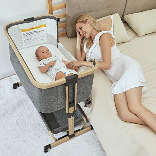 AMKE 3 in 1 Baby Bassinets, Bedside Sleeper for Baby, Baby Crib with Storage Basket for Newborn, Easy Folding Bassinet for Baby and Safe Co-Sleeping,Adjustable Portable Baby Bed,Travel Bag Included