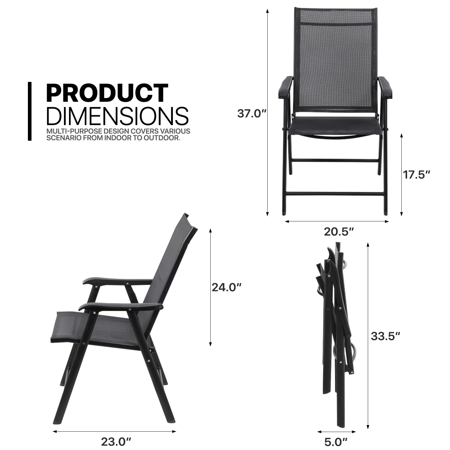 MoNiBloom Set of 2 Patio Outdoor Folding Chairs, Portable Dining Chairs with Armrest for Outside Garden Camping Backyard Poolside Beach Deck, Black