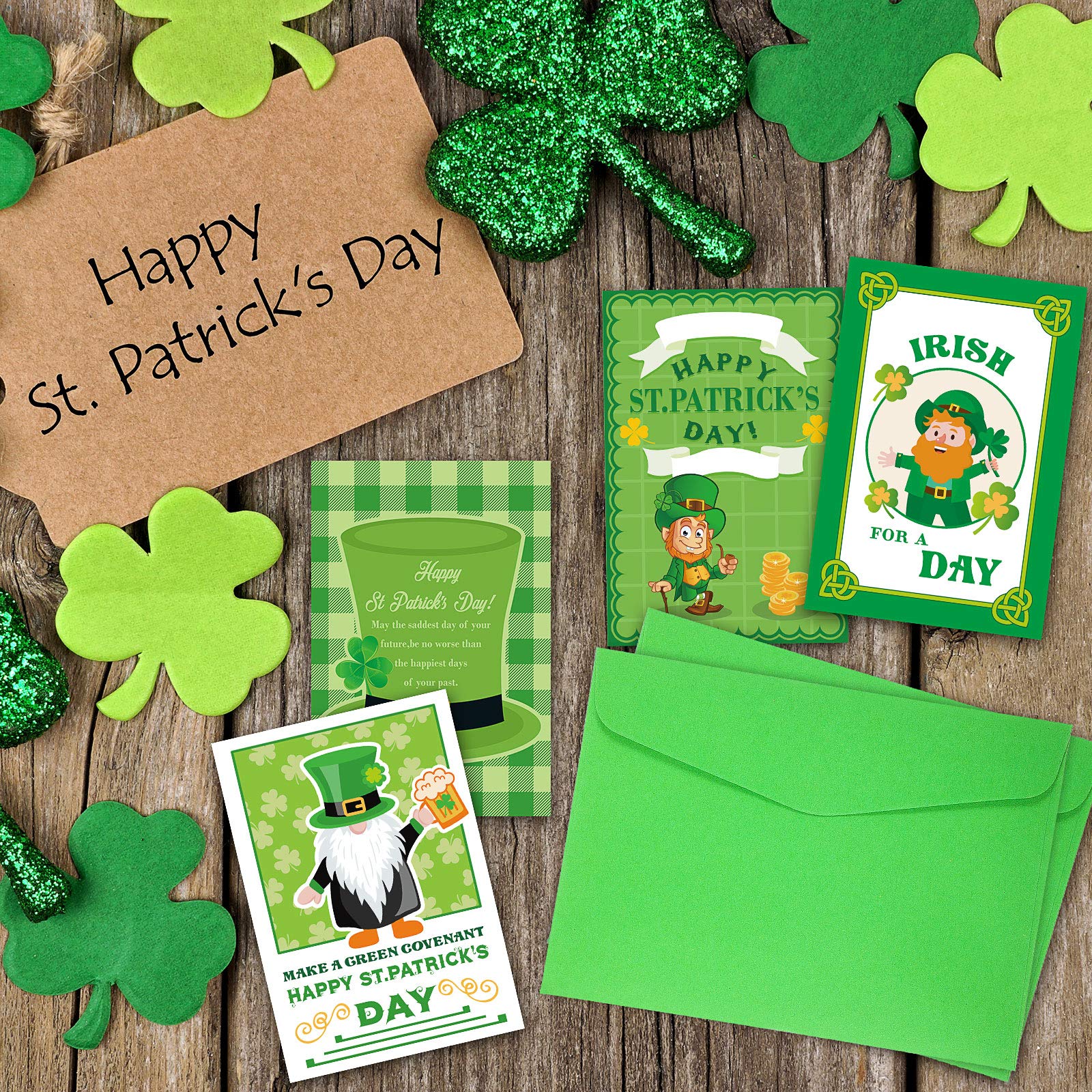 Zonon 24 Pieces St Patrick's Day Card with Envelope Green Shamrock Irish St Patrick's Day Cards Assorted Greeting Cards for Home