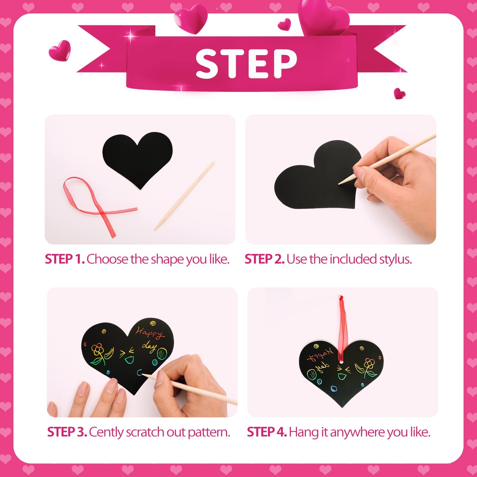 28 Pieces Valentines Crafts for Kids,Rainbow Scratch Paper Ornaments,Heart Shape Scratch Craft Art Kit for Class Valentines DIY Art Activity,School Valentines Day Gifts for Kids