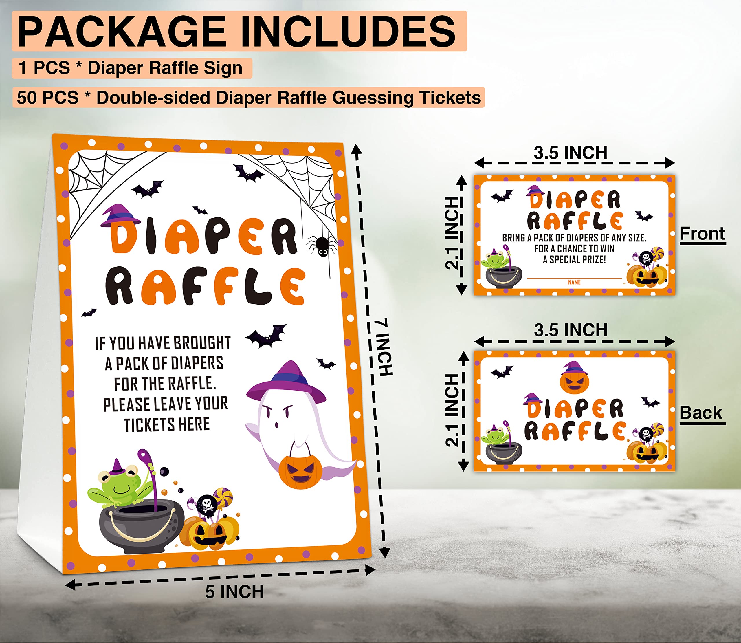 Halloween Diaper Raffle Game Sign and Card, Halloween Baby Shower Party Game Set, 1 Sign With 50 Raffle Tickets –LK-013