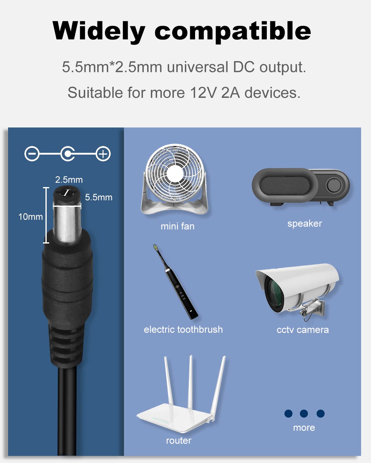 12V 2A DC Power Supply Adapter 12 Volt AC Adapter 100-240V 50-60Hz to DC 12V 2A Power Adapter Cord, 12V DC Power Supply 2A Adapter with 5.5mmx2.5mm DC Barrel & 1 Tip