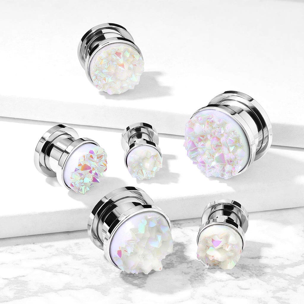 2 Pair Faux Druzy Stone Steel Ear Plugs Screw Fit Tunnels (2 Gauge (6mm))