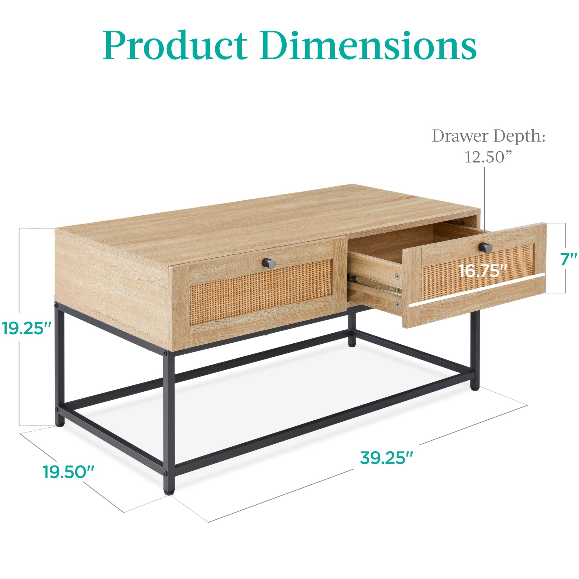 Best Choice Products 39in Rattan Coffee Table, 2-Drawer Modern Boho Home Furniture for Living Room, Bonus Room w/Wicker Storage Compartments, Oak Wood Grain Finish, Metal Frame & Knobs - Light Walnut