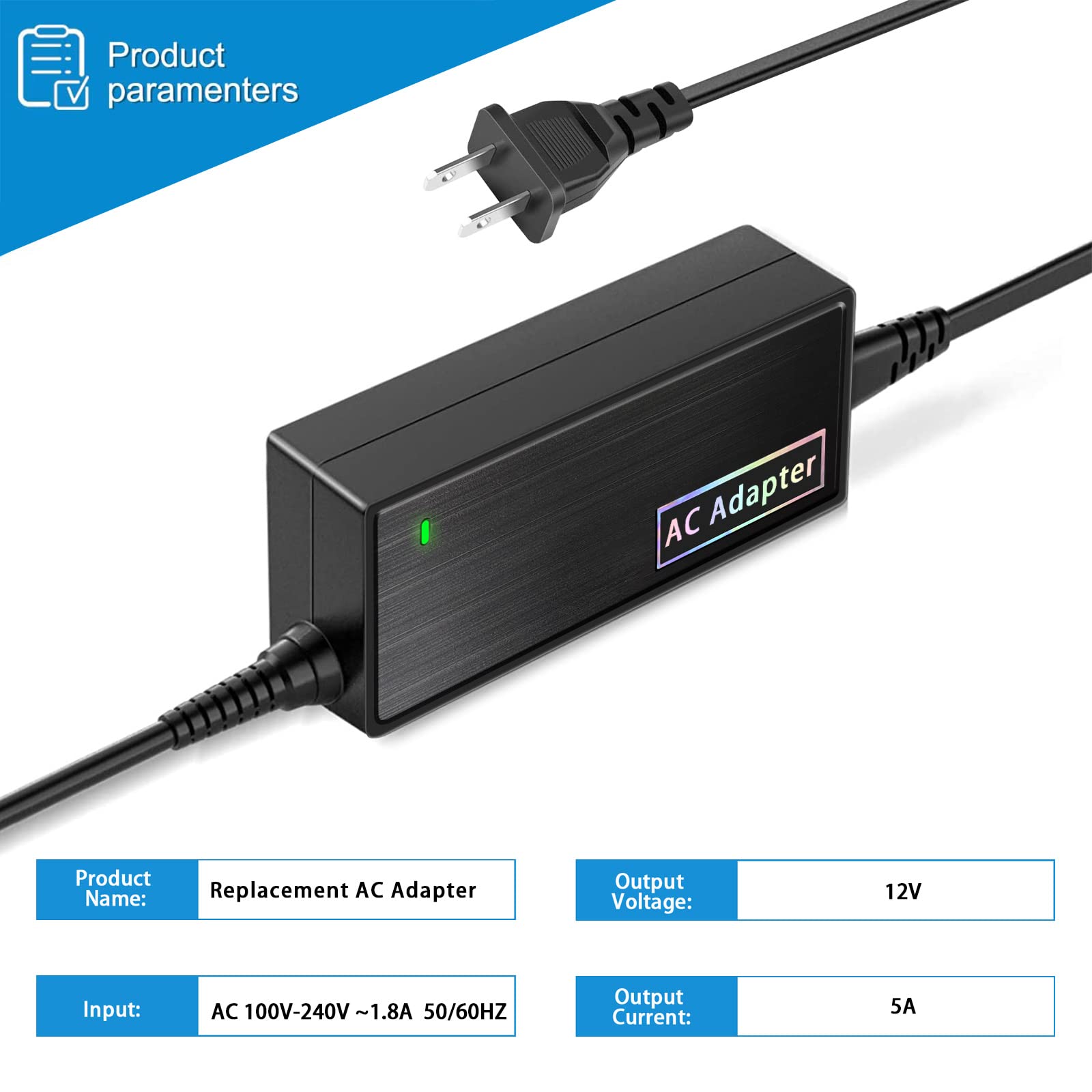 12V 5A Power Supply Adapter with 8-Way Power Splitter Cable, 100~240V AC to DC 12 Volt 5A 4A 3A 2.0A 1A Converter for Security Camera CCTV DVR Surveillance System