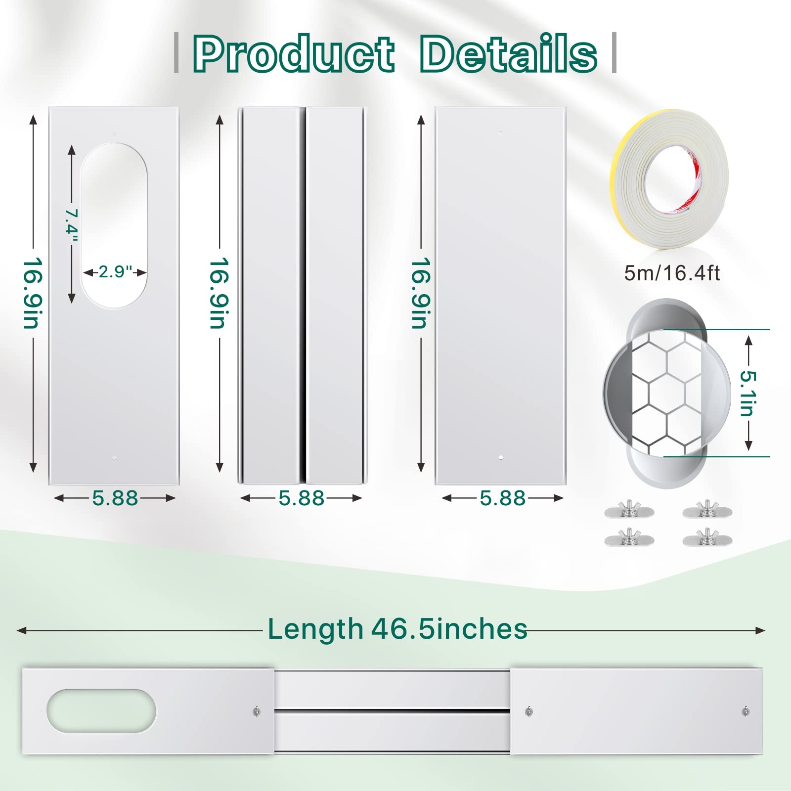 AC Window Vent Kit Portable Air Conditioner Window Kit for Sliding Window, AC Vent Kit with Coupler Window Seal for AC Unit,AC Window Seal Parts Adjustable Length from 16.9"to 46.5" fit for 5.1”Hose