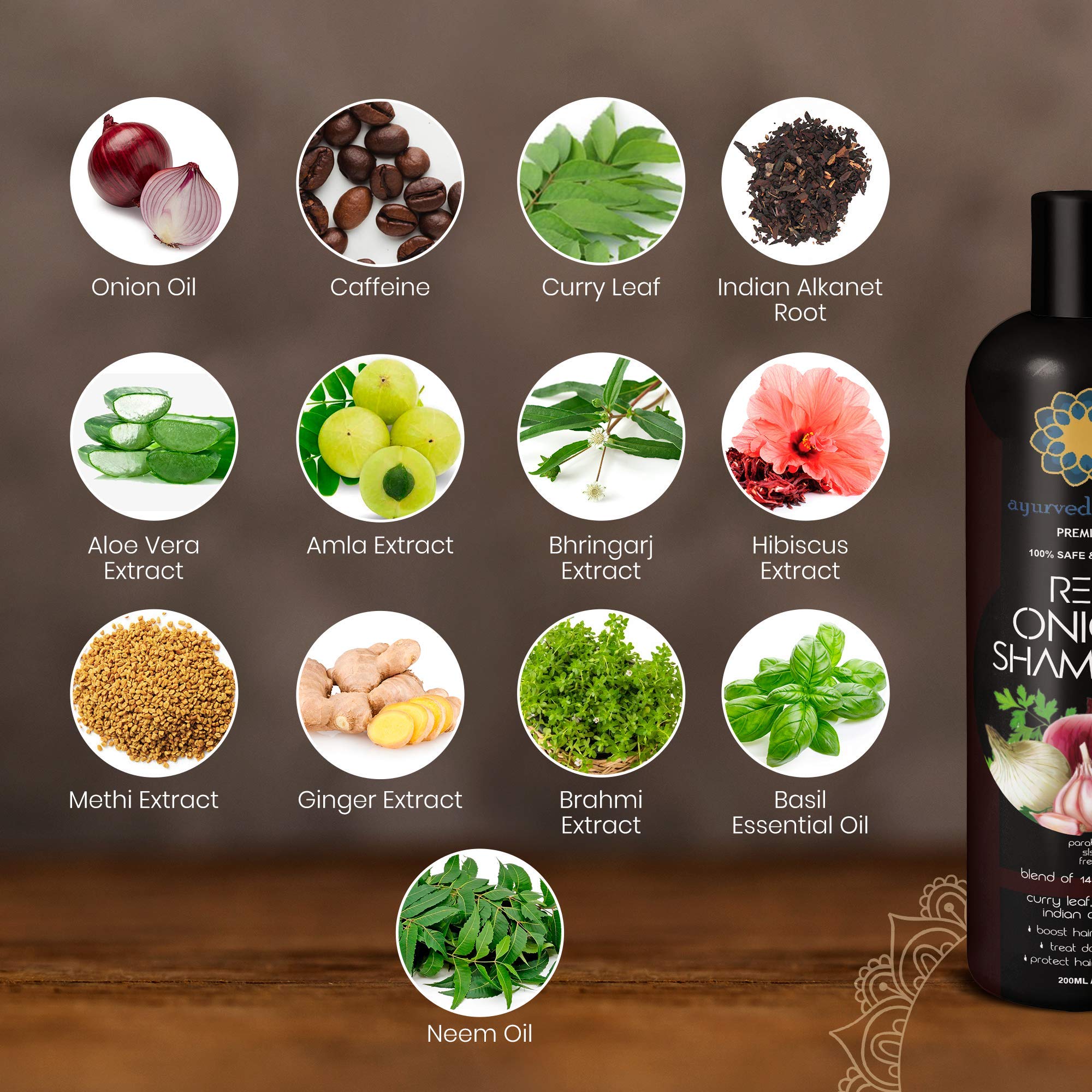 AYURVEDASHREE Red Onion Hair Growth & Hair Fall Control Shampoo – With Curry Leaf, Hibiscus, Indian Alanket, Blend of 14 Botanicals 200ML - SLS and Paraben Free - 100% Safe & Premium- All Hair Type