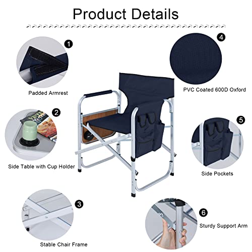 ABCCANOPY Folding Directors Chair Outdoor Camping Chair Makeup Artist Chair with Side Table & Pockets, Navy Blue