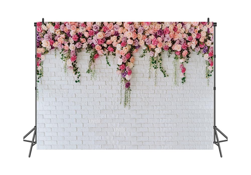 LTLYH 8x6ft White Brick Wall Flowers Backdrop Valentine's Day Theme Photography Backdrop Mother's Day Wedding Bridal Baby Shower Birthday Party Decor Banner 134