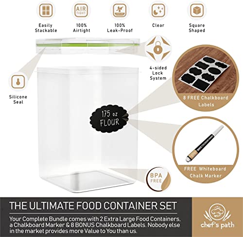 Chef's Path Extra Large Food Storage Containers with Lids Airtight (5.2L|175Oz|2 Pack) for Flour, Sugar, Rice & Baking Supply - Airtight Kitchen & Pantry Bulk Food Storage for Kitchen Organization