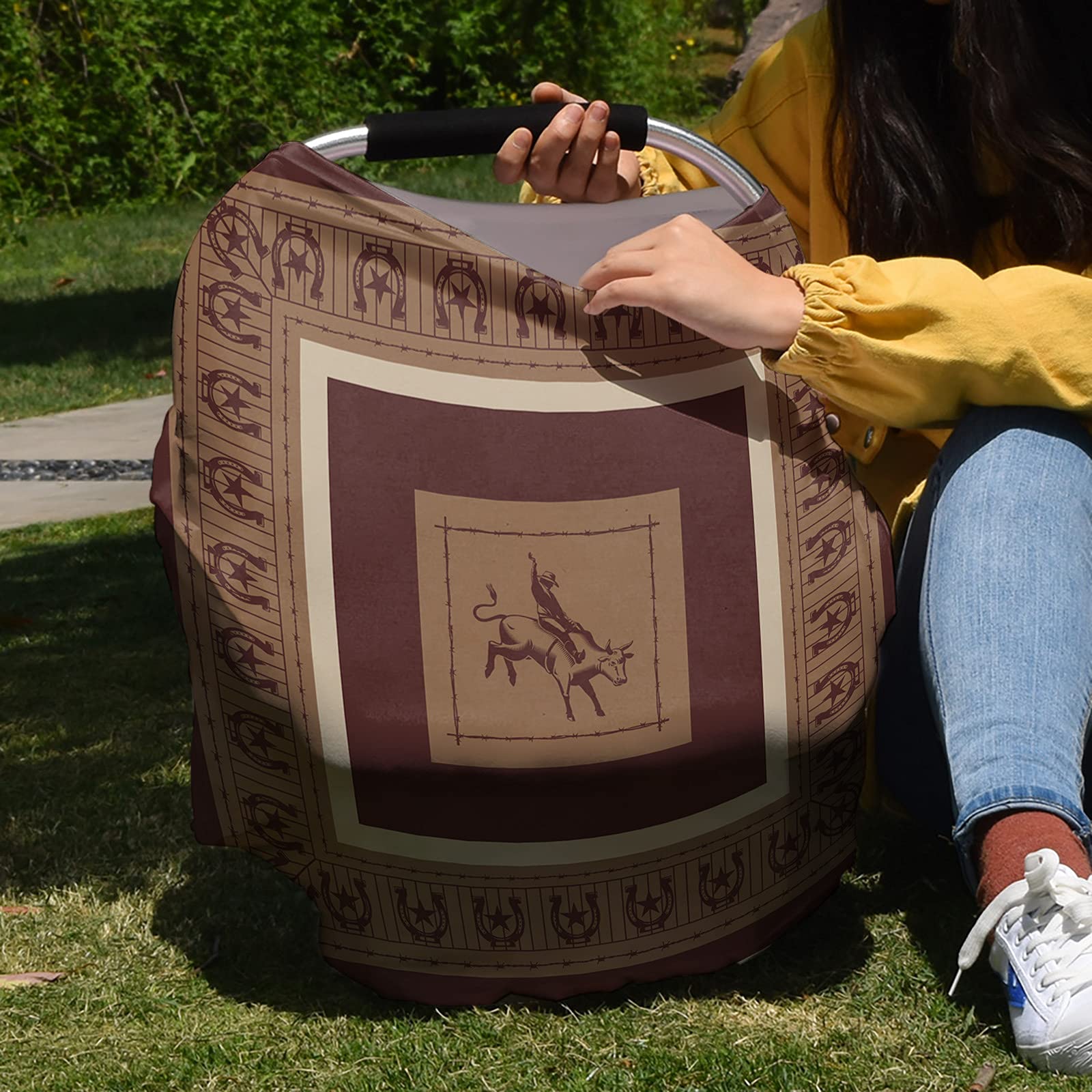 Western Cowboy Baby Car Seat Covers, Nursing Cover Breastfeeding Scarf/Shawl, Infant Carseat Canopy, Stretchy Soft Breathable Multi-use Cover Ups, Horseshoe Pentagram Brown