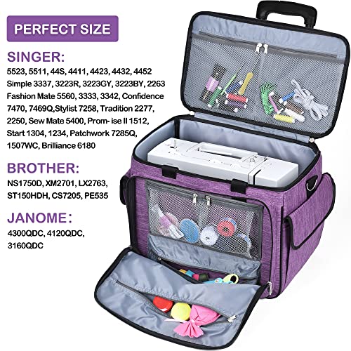 cab55 Rolling Sewing Machine Case, Detachable Rolling Sewing Machine Carrying Case on Wheels, Trolley Tote Bag with Removable Bottom Wooden Board for Most Standard Sewing Machine -Purple