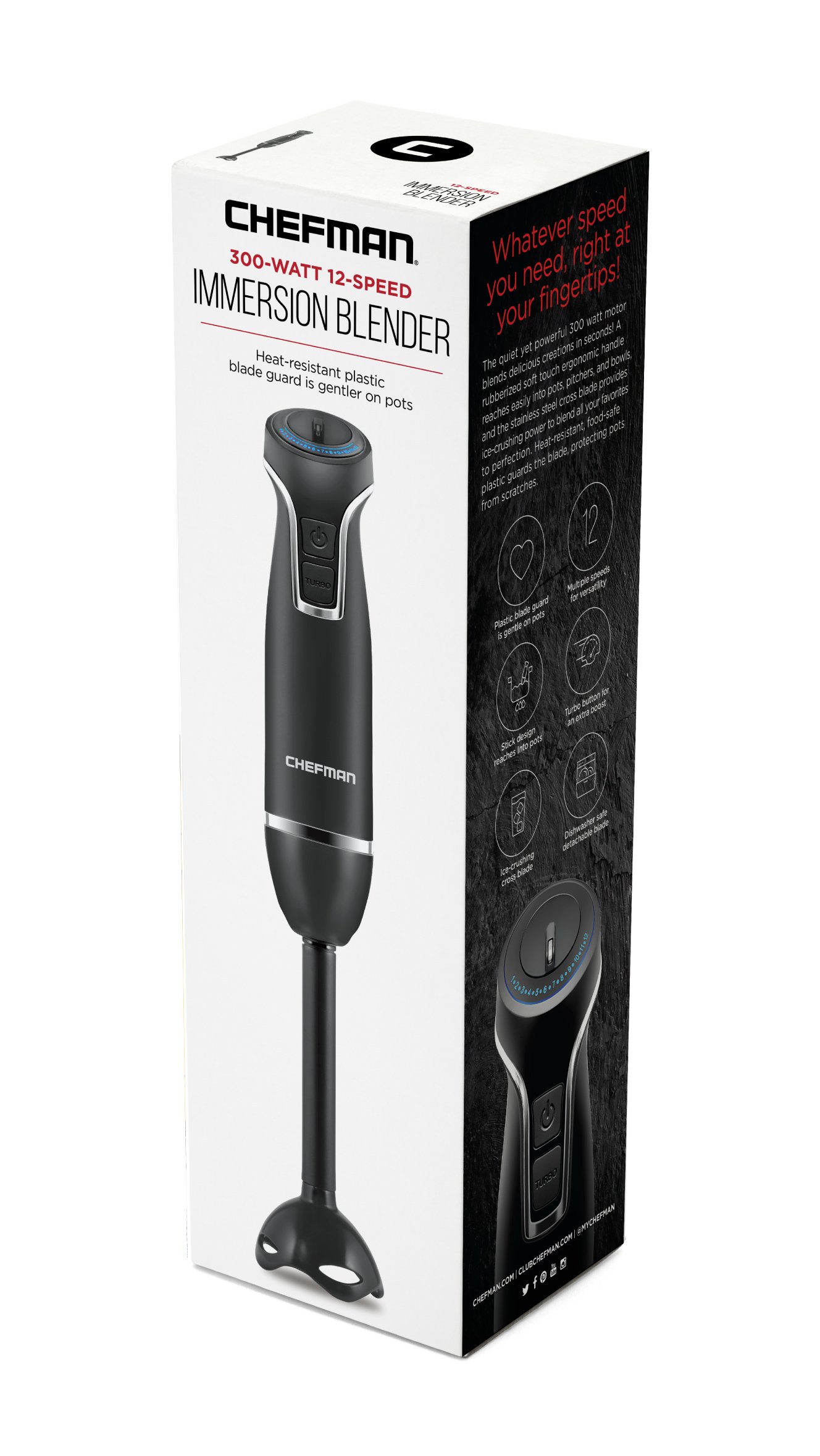 Chefman Immersion Blender 300-Watt Turbo 12 Speed Stick Hand Blender, Powerful Ice Crushing Design Purees Smoothies, Sauces & Soups, Detachable Heat Resistant Plastic Blade Guard Protects Pots, Black