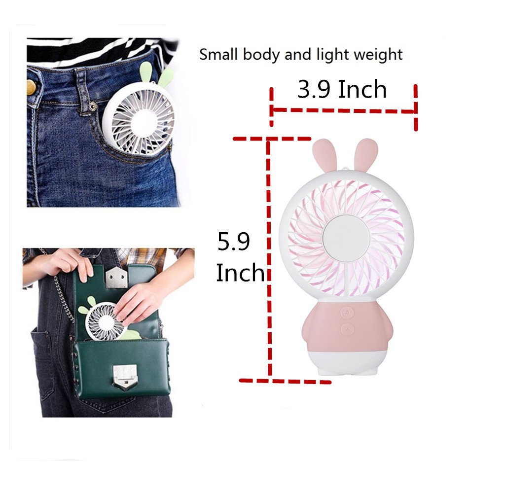 Alibuy Mini Handheld Table Fan USB Rechargeable Quiet Desk Fans,Battery Operated 2 Speeds with LED Colorful Lights for Hot Summer (Pink)