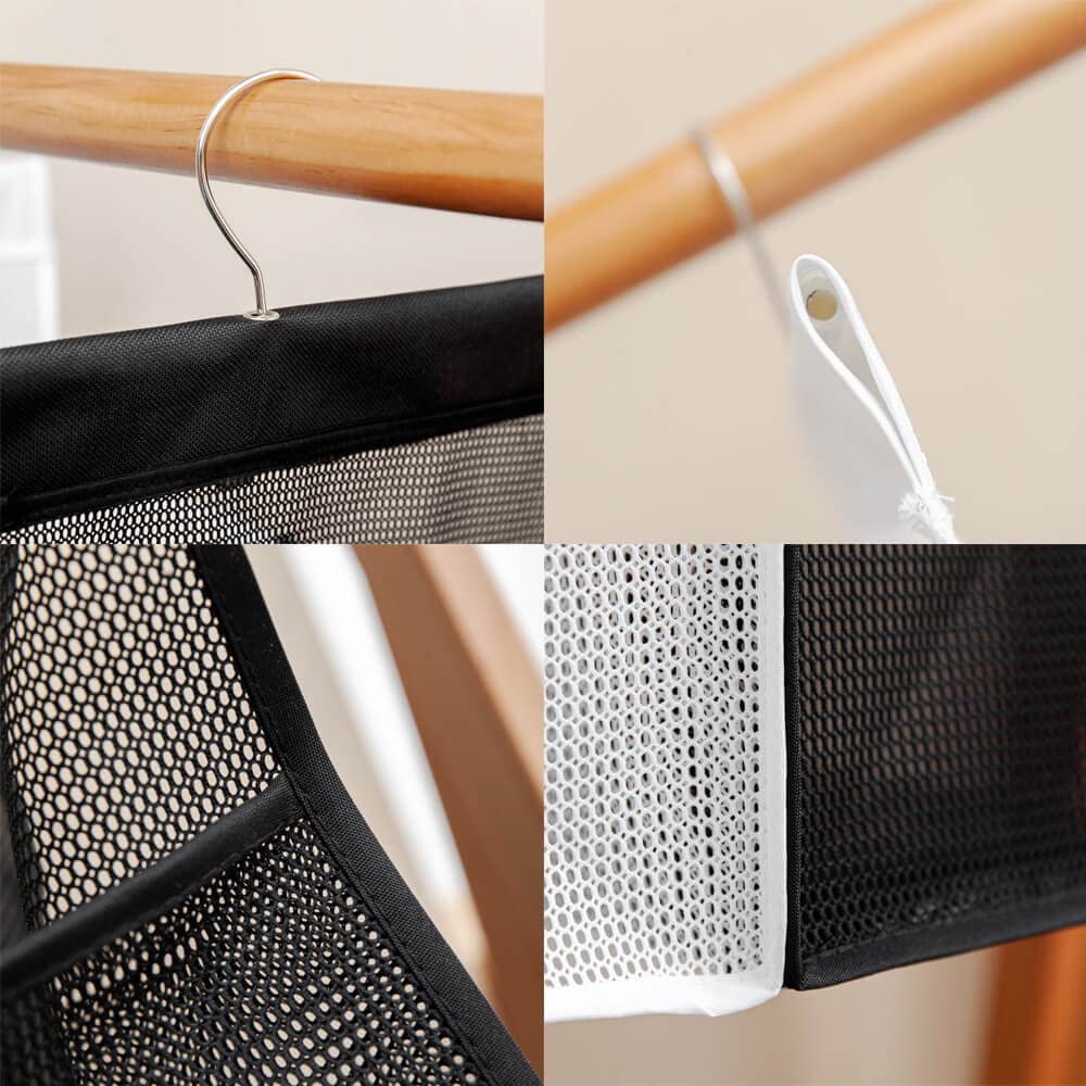 ALYER 2 Sections Collapsible Mesh Laundry Hamper,Hanging Heavy Duty Laundry Basket and Durable Dorm Bathroom Storage Bag with Two Hangers,Black & White