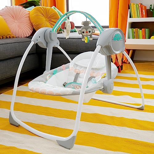 Bright Starts Portable Automatic 6-Speed Baby Swing with Adaptable Speed, Taggies, Music, Removable -Toy Bar, 0-9 Months 6-20 lbs (Whimsical Wild)