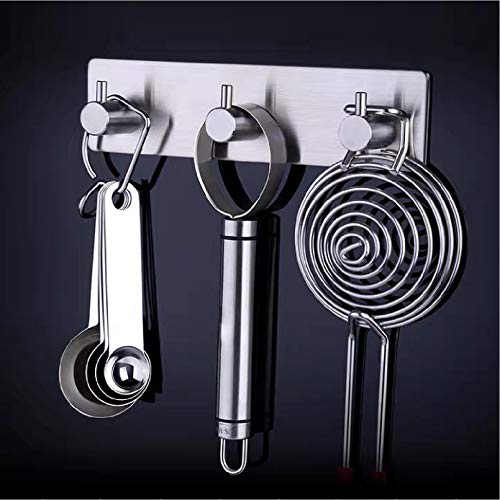 Greilty 3 Hooks, Self AdhesiveWall Mounted Hanger, Super Strong Heavy Duty Stainless Steel Hooks, No Drill No Screw,for Kitchen Bathroom Closet Room Office Door (Silver, 7 inch/18cm)