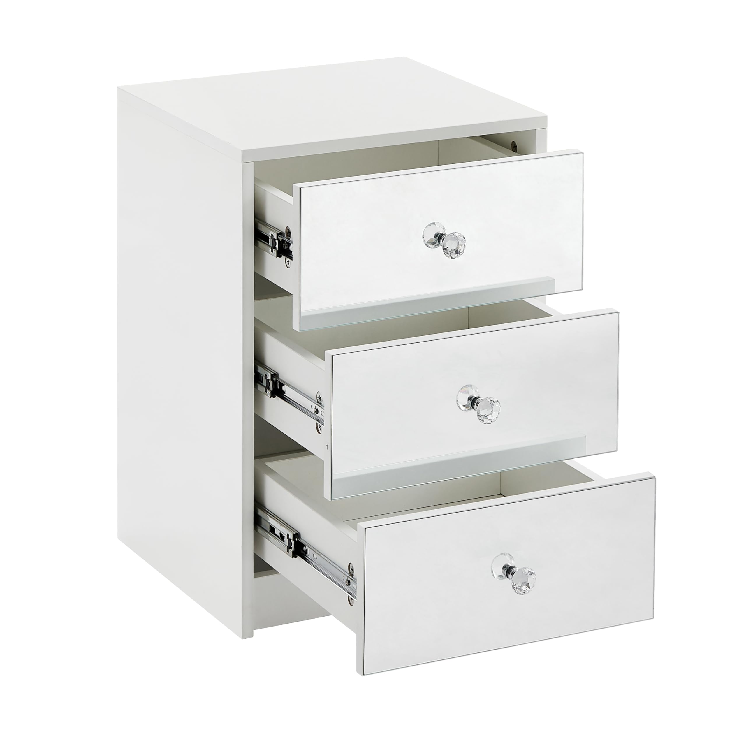 3 Drawer Nightstand for Bedroom, Modern Wood and Mirrored Nightstand, Square Bedside Glass End Table with Storage for Bedroom Room, Sofa, White