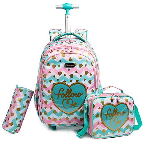 Egchescebo Girls Rolling Backpacks with Wheels 3PCS Heart Backpack Set for School Wheeled Luggage Suitcase Lunch Box Pencil Case Large Capacity Bookbag Adjustable Trolley for Elementary Travel Pink
