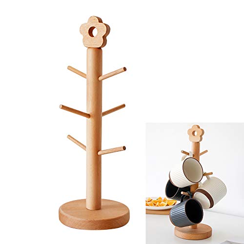 Panow Soild Wood Countertop Mug Tree, Drying Storage Rack Holder, Cups Stand with 6 Hooks, Coffee Counter Bar Accessory, Kitchen Organizer