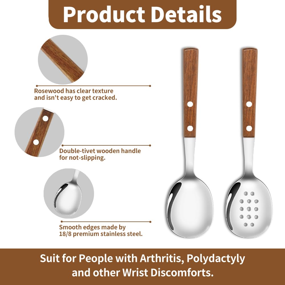 4-Piece Serving Spoons Set - Includes 2 Serving Spoons and 2 Slotted Spoons, 18/8(304) Stainless Steel Buffet Serving Utensils,Stainless Steel Wooden Serving Utensil